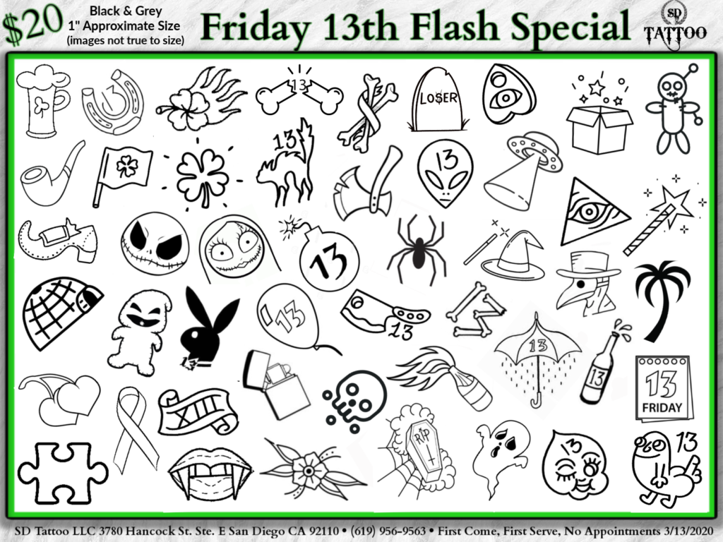 SD Tattoo Friday 13th Event Flash Tattoo Piercing Discounts